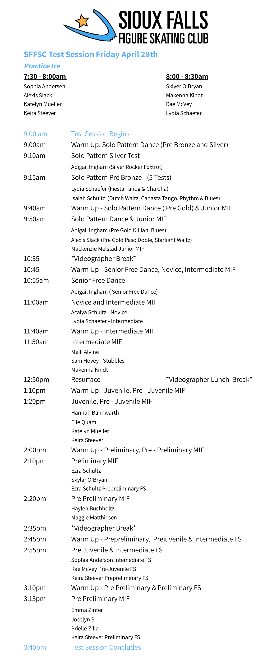 Test Schedule :: Sioux Falls Figure Skating Club
